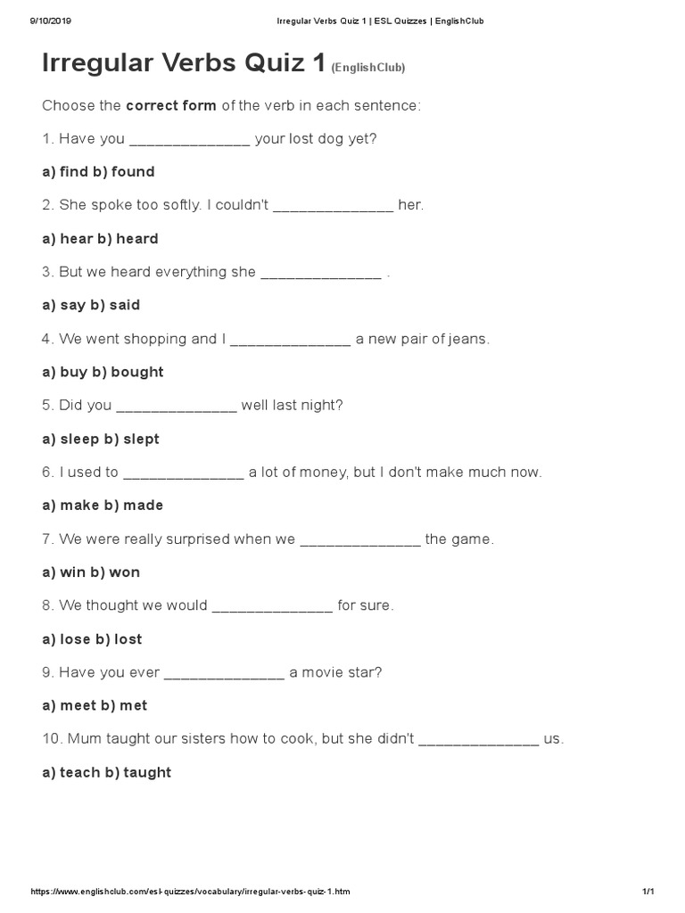 Irregular Verbs Quiz 1 TENSES | PDF | Language Arts & Discipline | Home ...