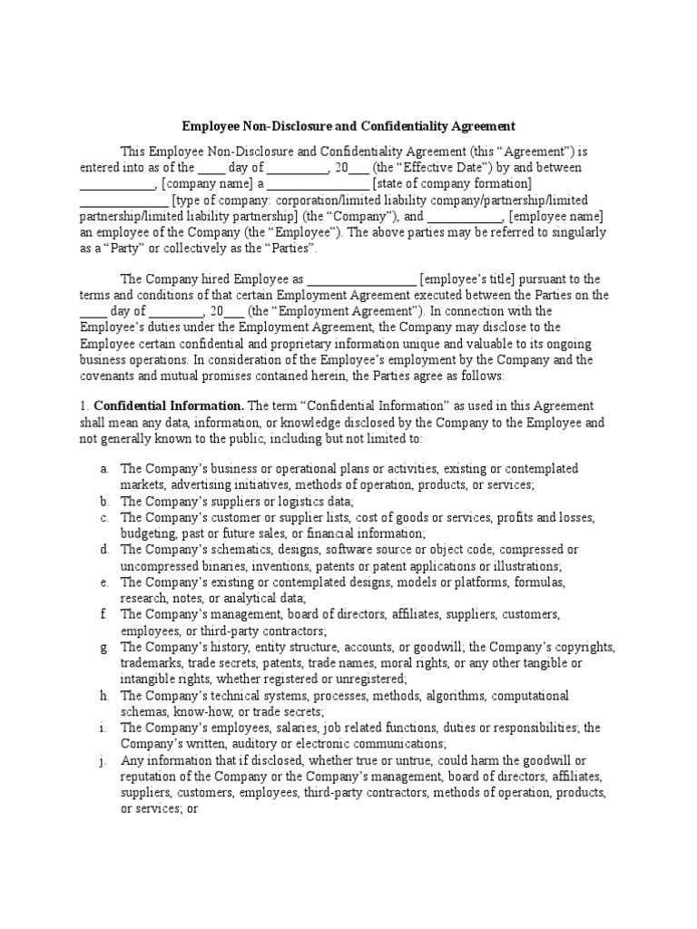 Employee Non Disclosure and Confidentiality Agreement | PDF | Non ...