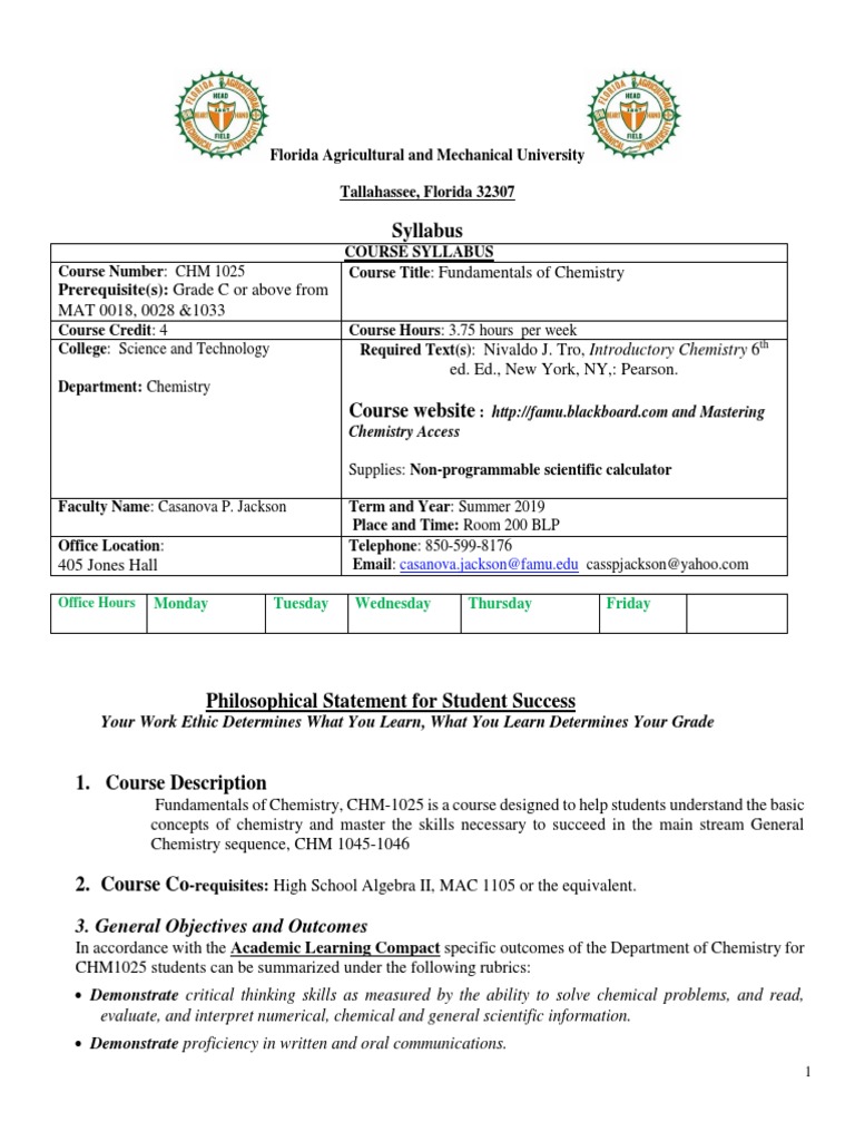 CHM-1025 Syllabus Summer 2019 (2) (1) (1) - 2 | PDF | Chemical ...