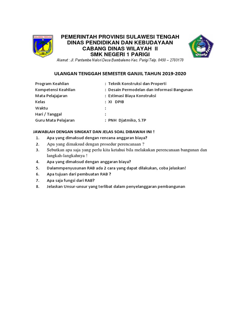 Soal Uts Gasal Estimasi Biaya Konstruksi-Xi Dpib | PDF | Bisnis | Teknologi & Rekayasa
