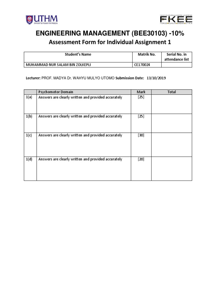 Assignment 1 Cover Page - BEE30103 - 20192020-1 | PDF