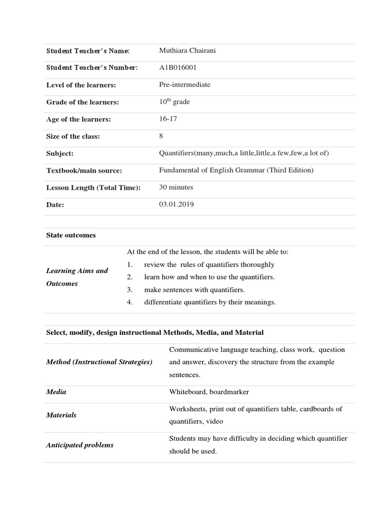 Lesson Plan of Quatifiers | PDF | Lesson Plan | Human Communication