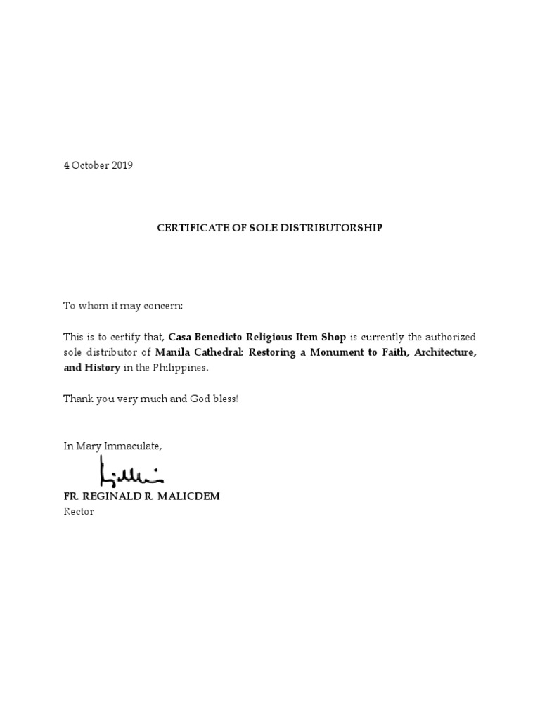 Certificate of Sole Distributorship | PDF | Cooking, Food & Wine