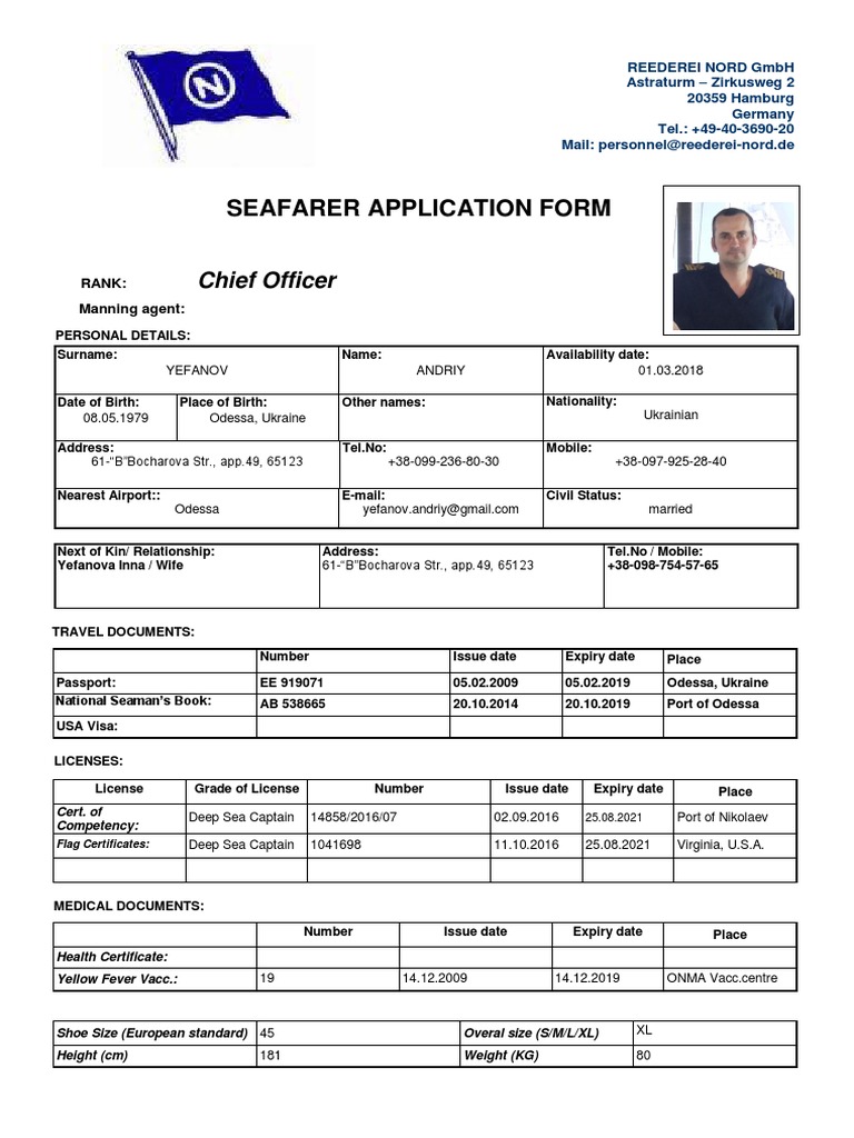 Chief Officer Seafarer Application | PDF | Shipping | Transport