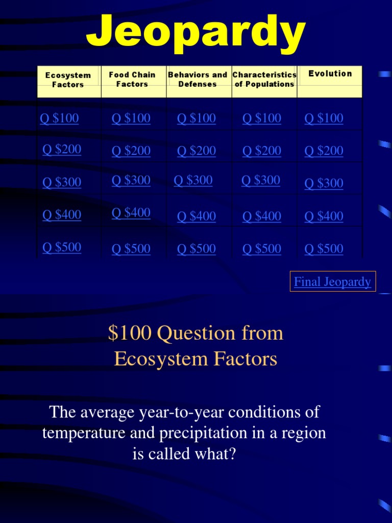 Jeopardy Game For Honors Ecology | PDF | Ecosystem | Ecology