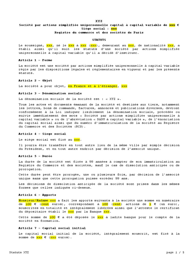 Modèle de Statuts SASU À Capital Variable | PDF | Dividende | Président ...