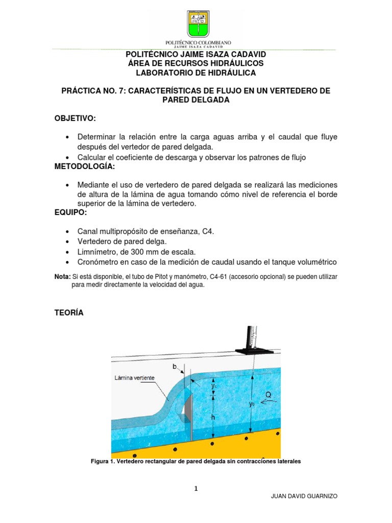 Practica 7-Vertedero de Pared Delgada | PDF | Descarga (hidrología) | Represa