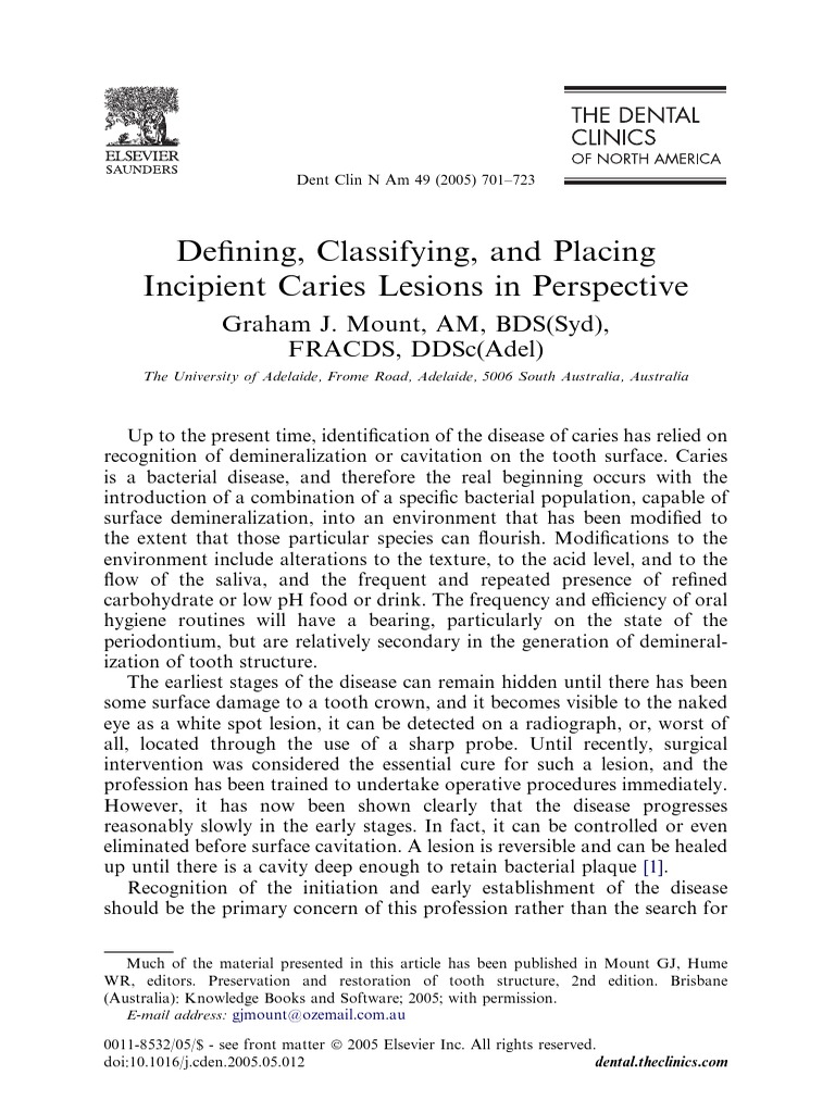 Defining, Classifying, and Placing Incipient Caries Lesions in ...