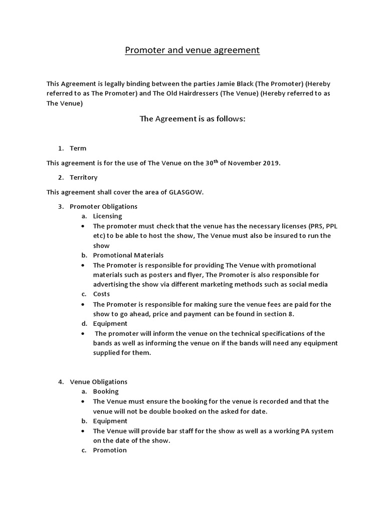 Promoter and Venue Contract | PDF | Business Law | Business