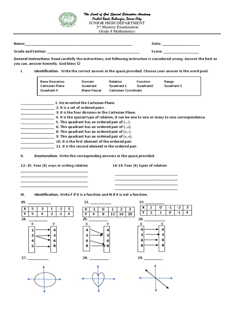 Grade 8 Exam Function and Relation | PDF | Cartesian Coordinate System ...