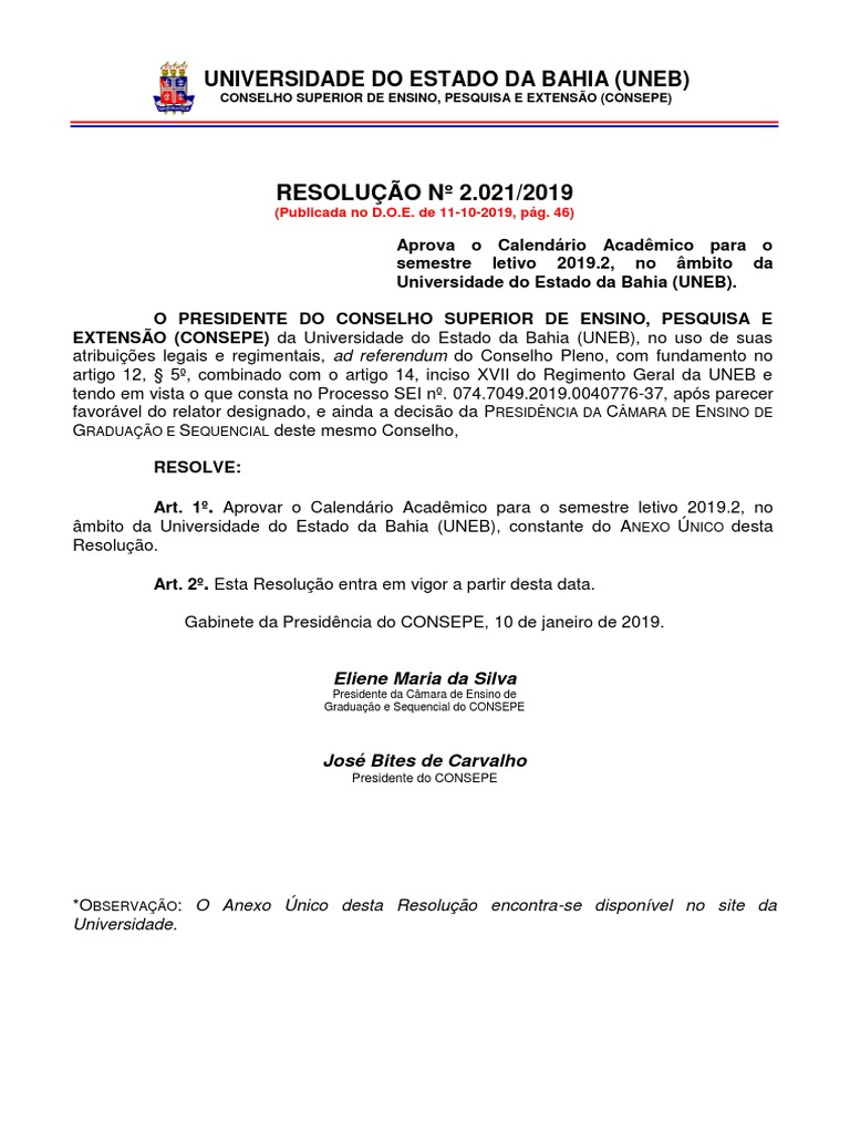 Calendário Acadêmico UNEB 2019.2 | PDF | Formação universitária ...