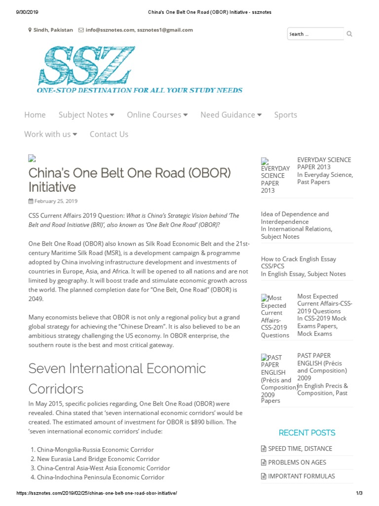 China's One Belt One Road (OBOR) Initiative - Ssznotes | PDF | China ...