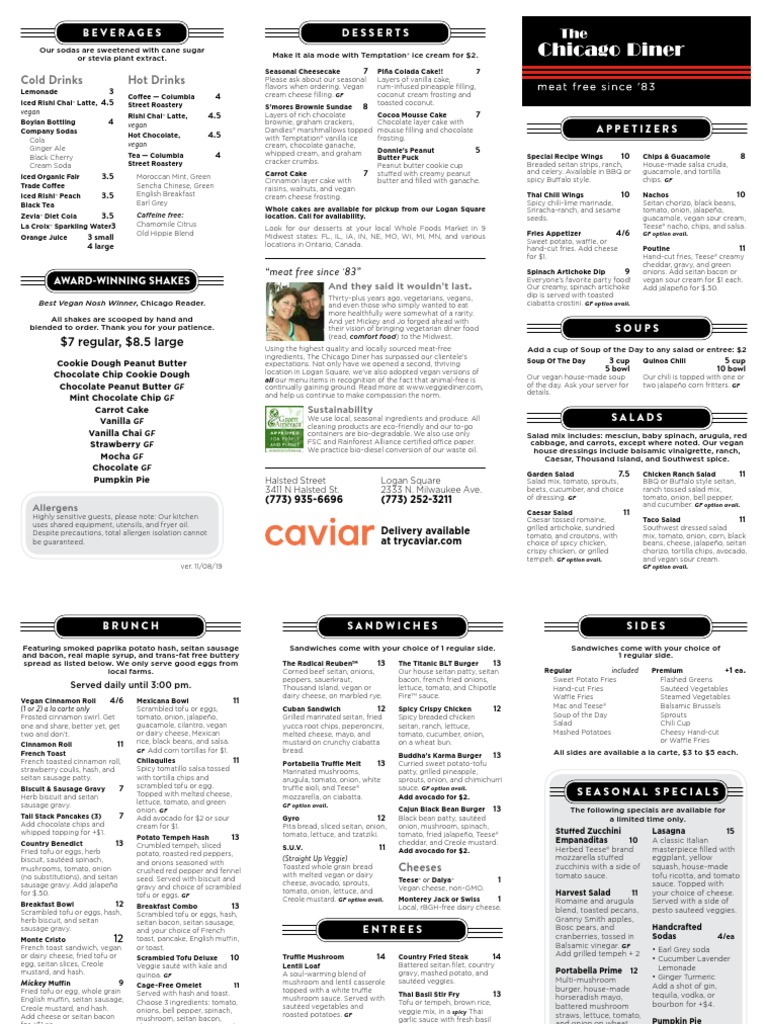 Chicago Diner To Go Menu | Download Free PDF | Sausage | Salad