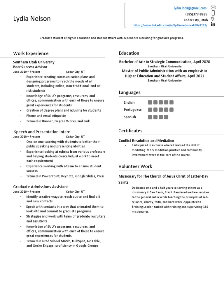 Lydia Nelson Resume Ao | PDF | Graduate School | Missionary (Lds Church)