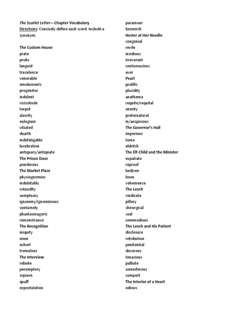 Scarlet Letter Chapter Vocabulary Guide | PDF