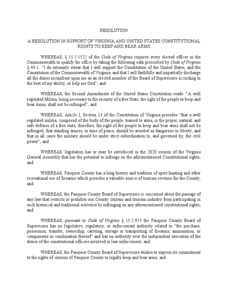Proposed Fauquier Second Amendment Resolution | PDF | Second Amendment ...