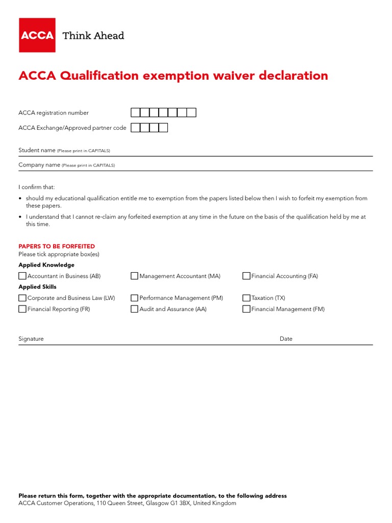ACCA Exemption Waiver Declaration Form | PDF | Career & Growth | Business