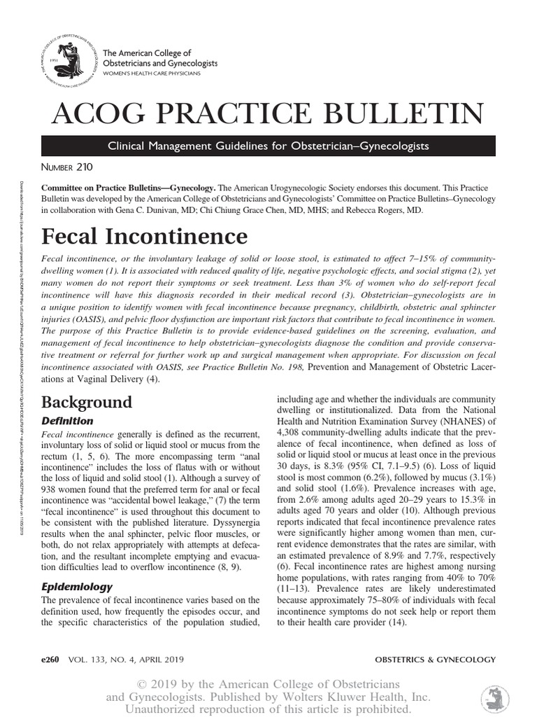 ACOG Fecal Incontinence.2019 | PDF | Constipation | Clinical Medicine