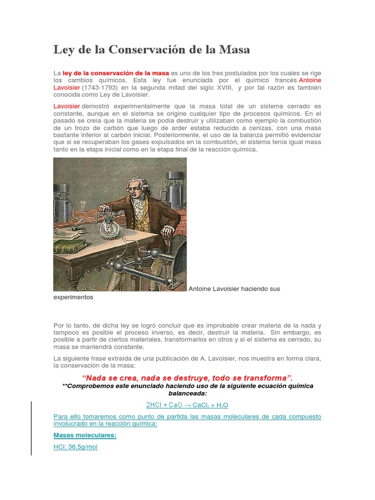 Ley de Conservación de la Masa de Lavoisier | PDF | Reacciones químicas ...