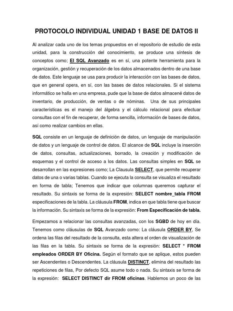 Protocolo Individual Unidad 1 Base de Datos II | PDF | SQL | Bases de datos