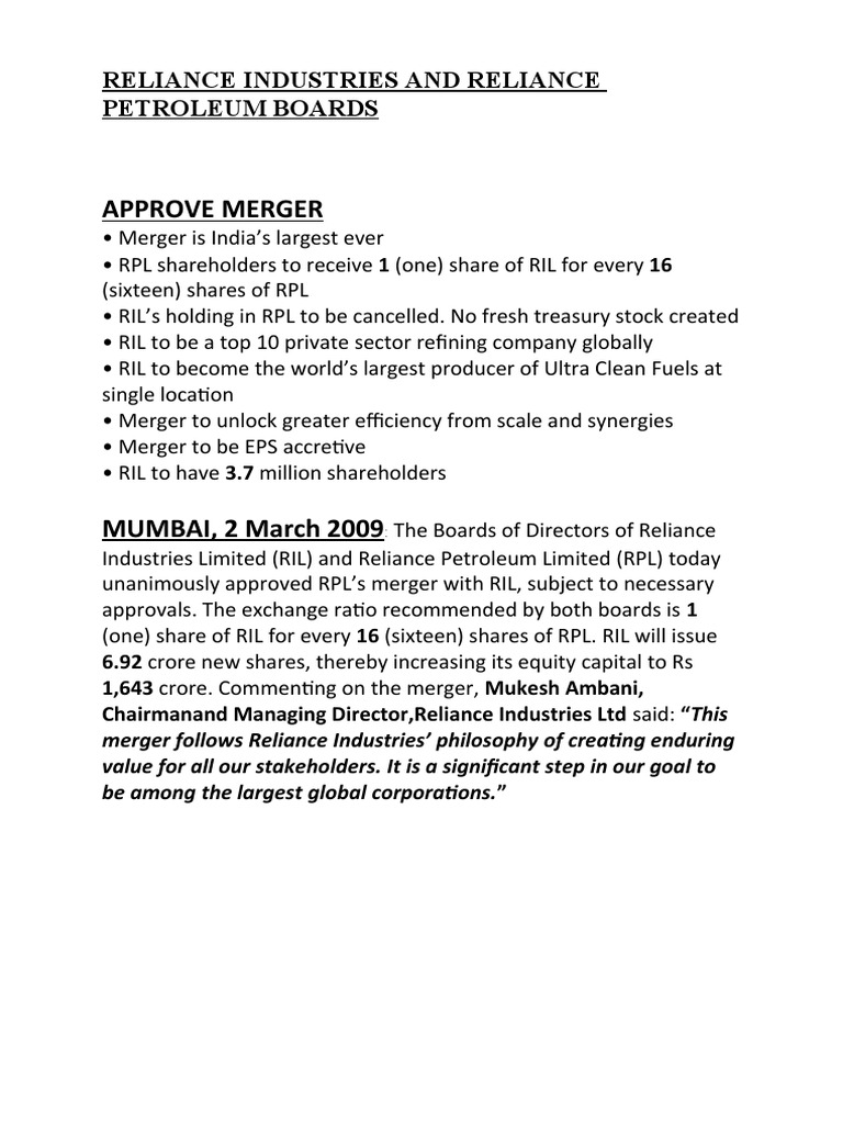 Merger Between RIL and RPL | PDF | Mergers And Acquisitions | Companies