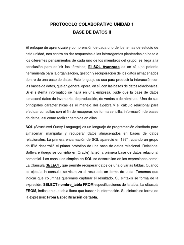 Protocolo Colaborativo Unidad 1 Base de Datos II | PDF | SQL | Base de ...