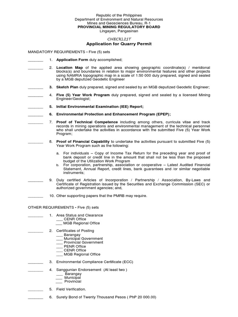 Quarry Permit Application Checklist | PDF | Mining | Economies