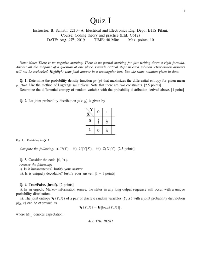 Solutions to Coding Theory and Practice Quiz on Exponential Random ...