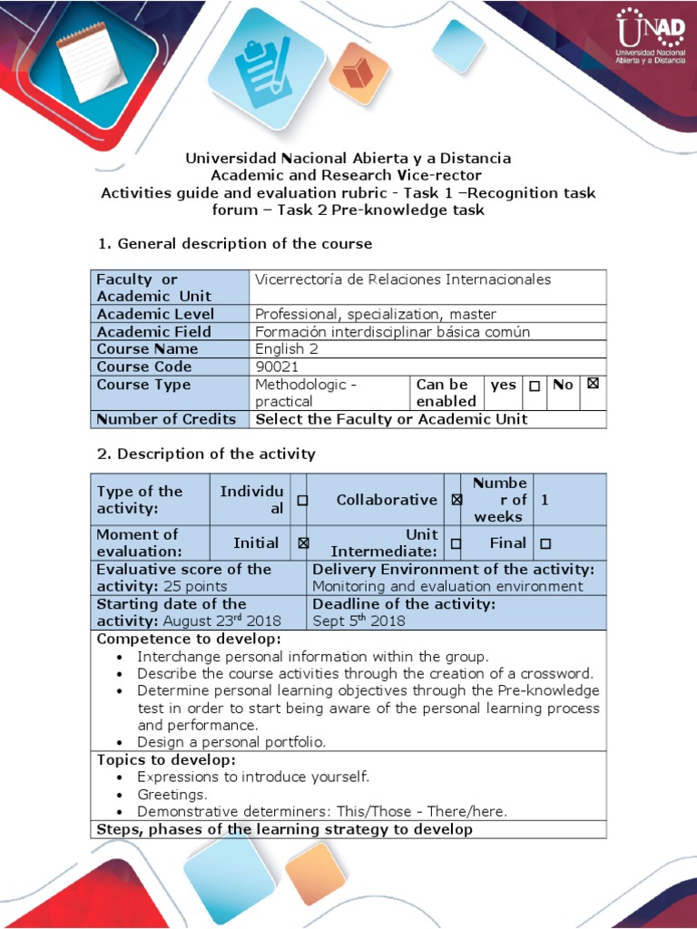 Activities Guide and Evaluation Rubric - Task 1 - Recognition Task Forum - Task 2 - Pre ...