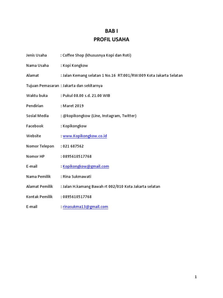 Proposal Kedai Kopi Kongkow Rina | PDF