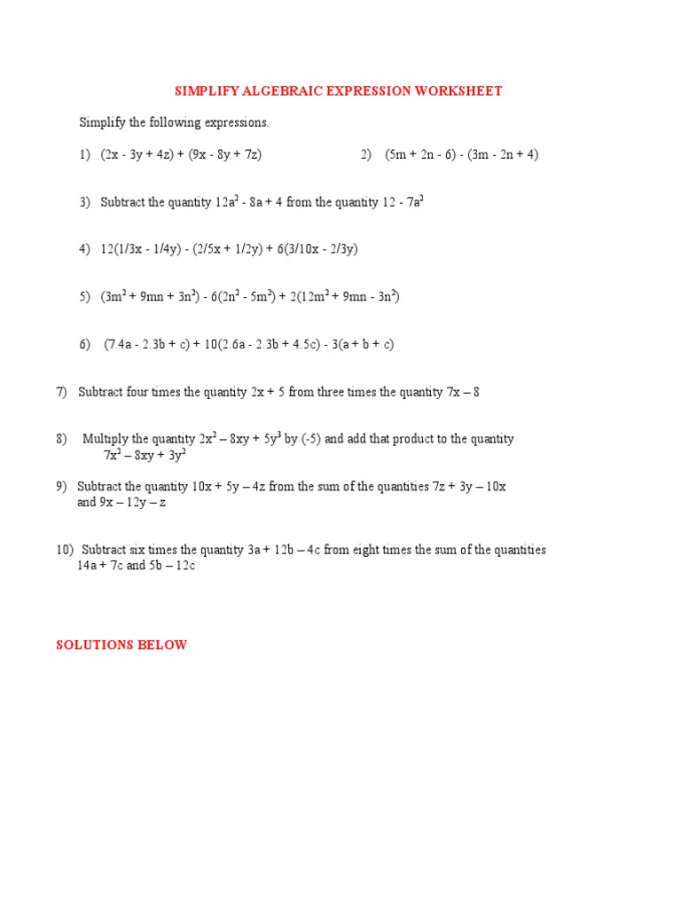 Simplify Algebraic Expression Worksheet | PDF