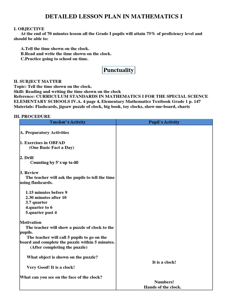 Grade 1 Lesson Plan: Telling Time | PDF | Clock | Teachers