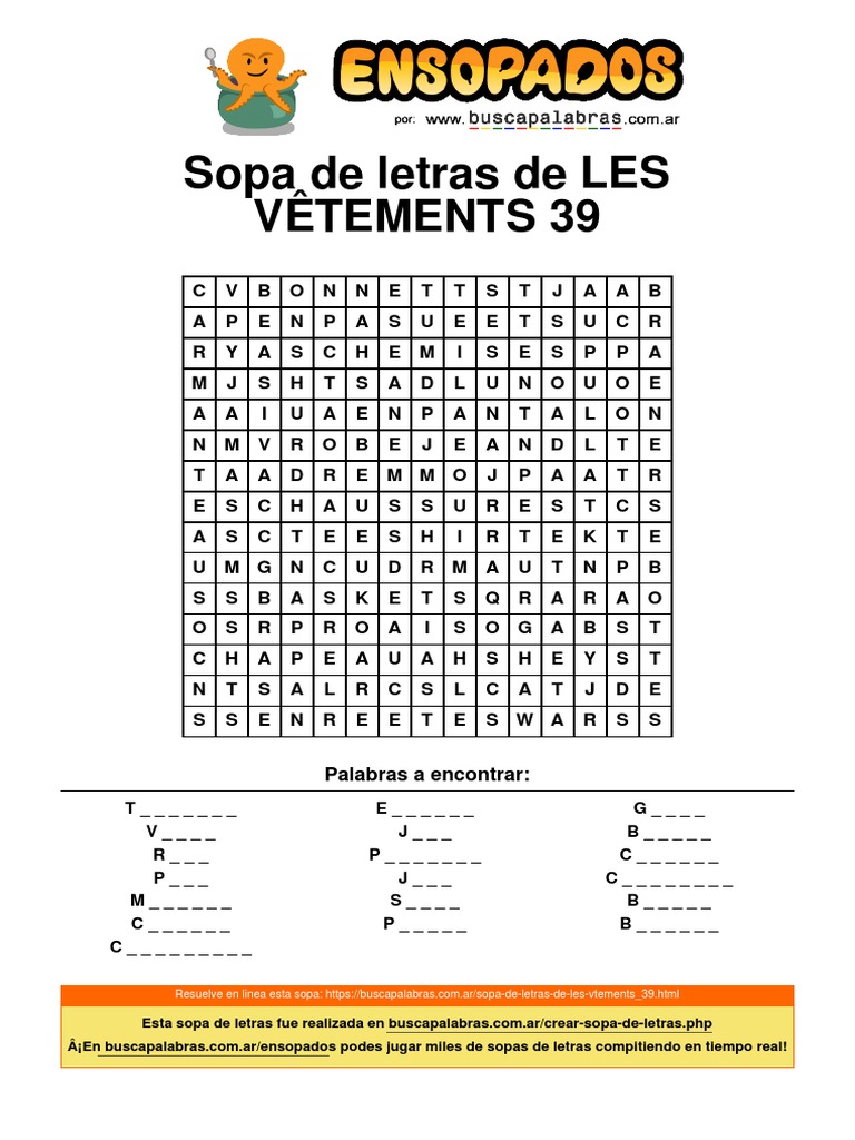 Sopa de letras sobre prendas de vestir con palabras por encontrar como ...