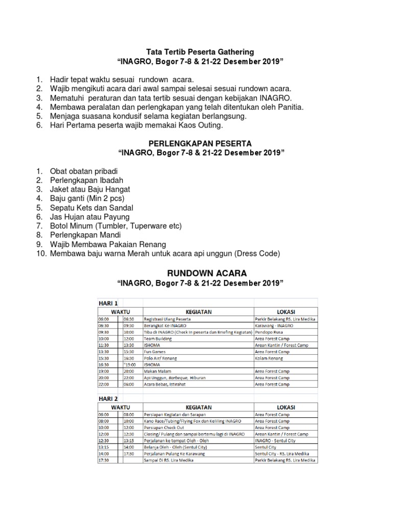 Tata Tertib Peserta Gathering & Rundown Acara Outing PDF | PDF