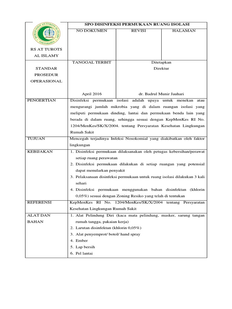 SPO DISINFEKSI PERMUKAAN RUANG ISOLASI Rev Fix | PDF