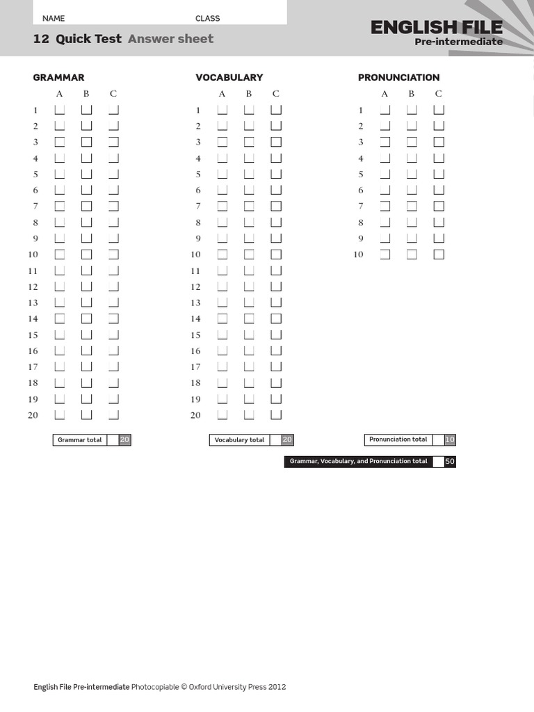 EF3e Preint Quicktest 12 Answer Sheet PDF | PDF