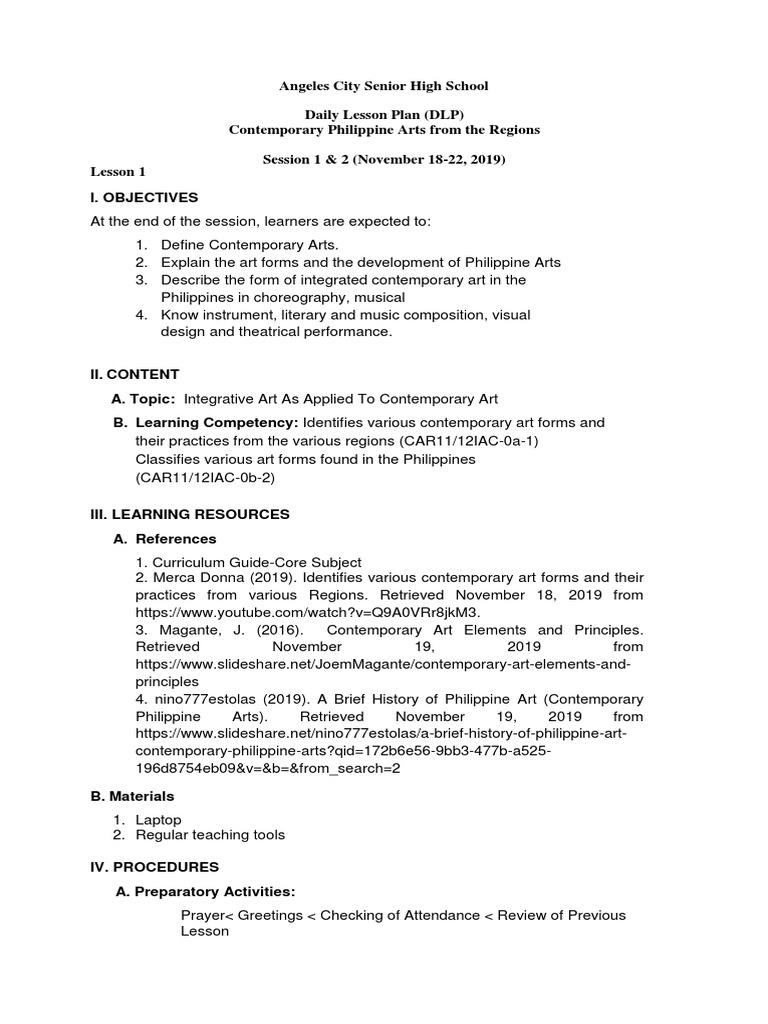 Daily Lesson Plan: Philippine Arts | PDF | Lesson Plan | Teachers