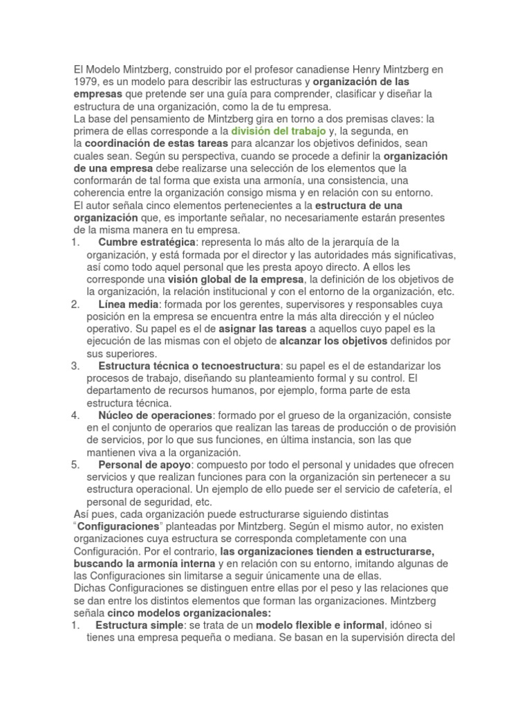 El modelo de las cinco configuraciones organizativas de Henry Mintzberg: una guía para entender ...