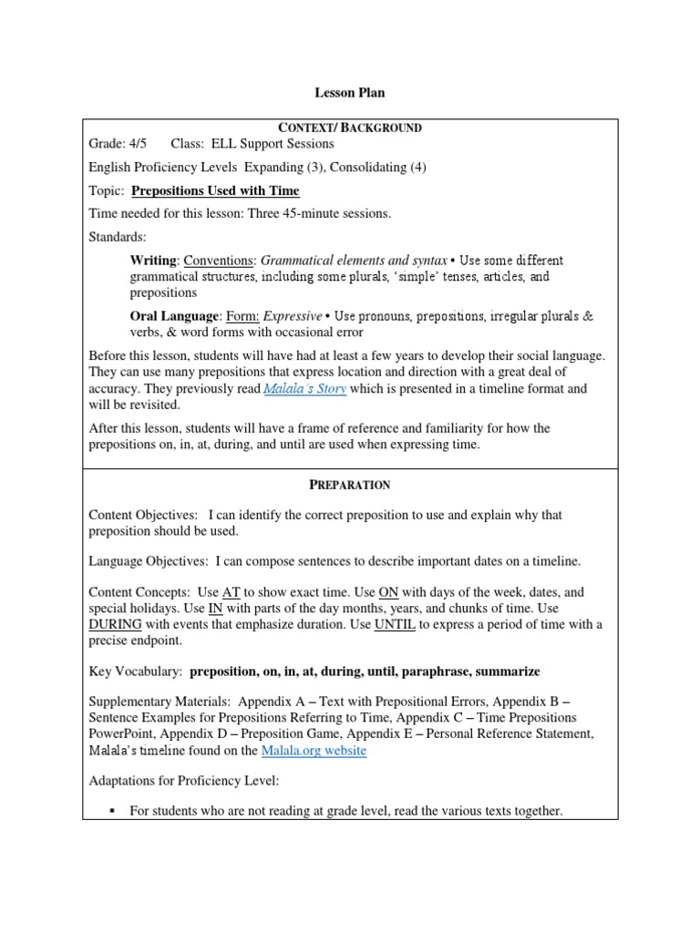 Time Prepositions Lesson Plan | PDF | Plural | Preposition And Postposition