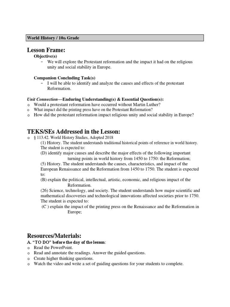 Lesson Plan 6 PR | PDF | Protestantism | Martin Luther