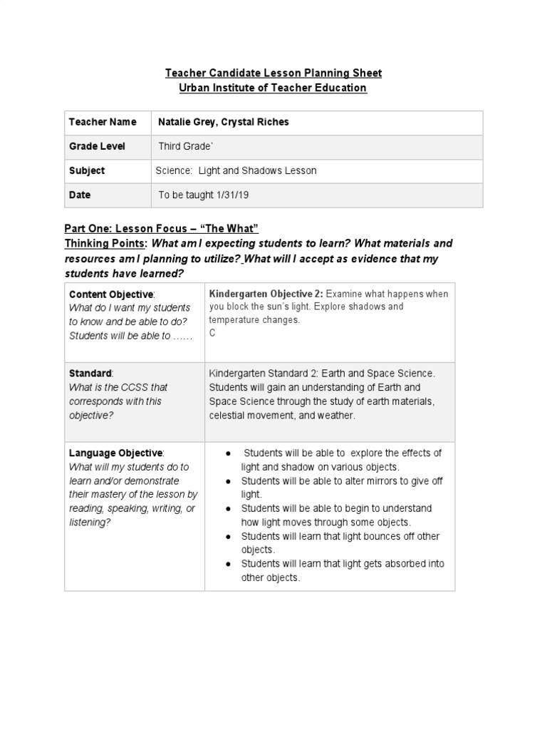 Light and Shadow Lesson Plan | PDF | Understanding | Worksheet