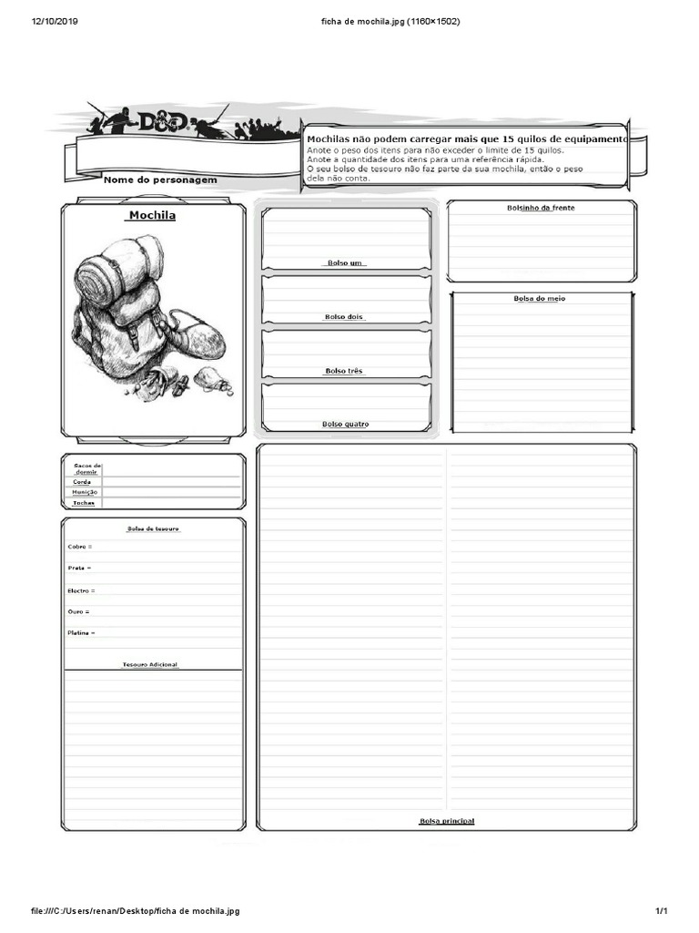 D&D 5E - Ficha de Mochila | PDF