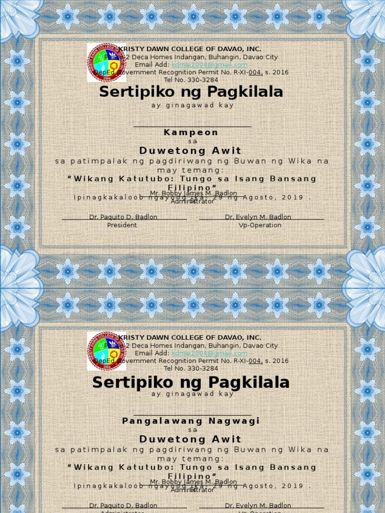 Sertipiko NG Pagkilala | PDF