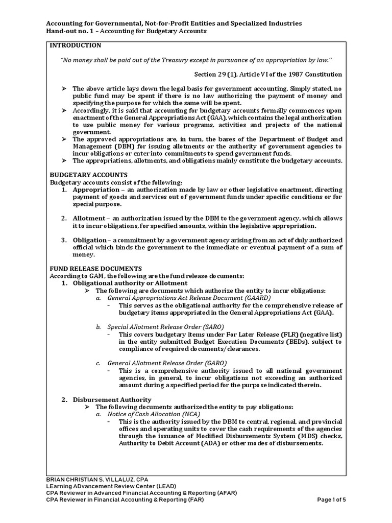1 Accounting For Budgetary Accounts | PDF | Appropriation (Law) | Expense