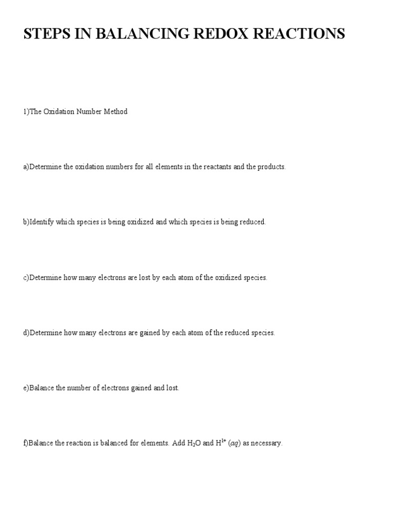 Steps in Balancing Redox Reactions | PDF | Redox | Chemical Reactions