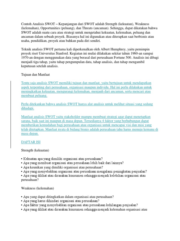 Contoh Analisis SWOT untuk Bisnis | PDF | Karier & Perkembangan ...