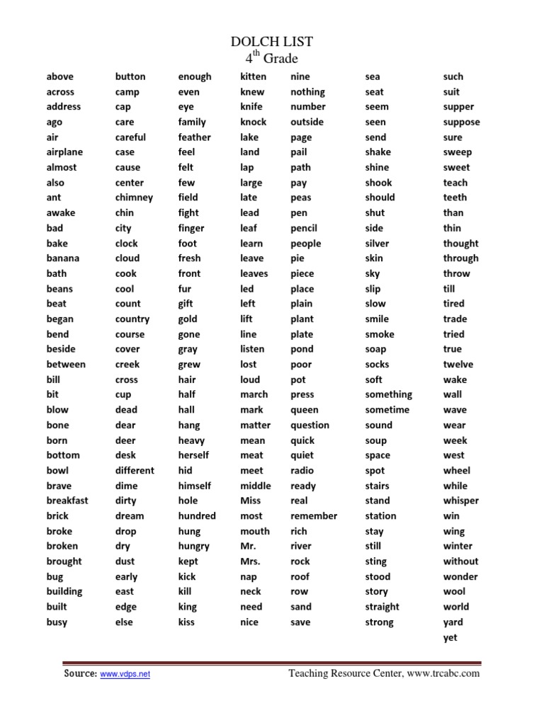 Fourth Grade Sight Word List PDF | PDF | Nature