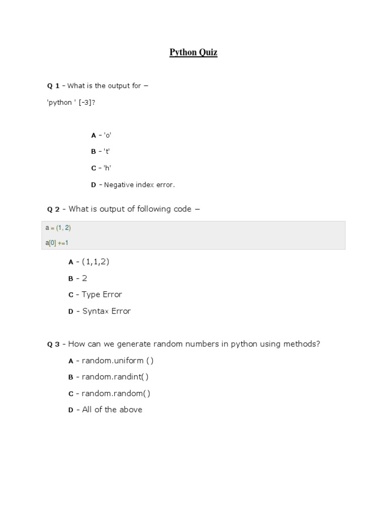 Python Quiz Pdf Python Programming Language Data Type