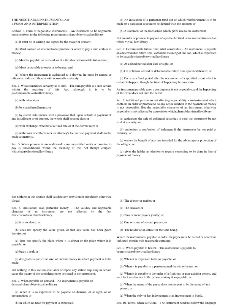 The Negotiable Instruments Law Codal Provisions Only | PDF | Law Of ...