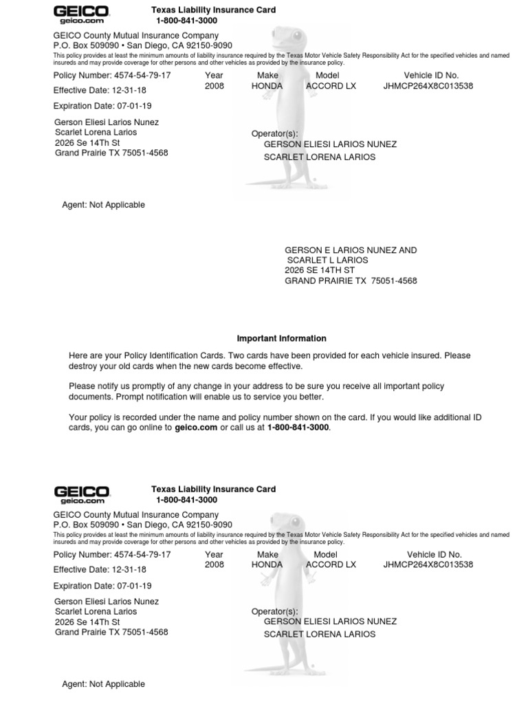 Geico Insurance Card Template